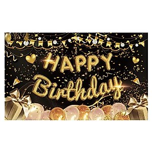 Happy Birthday Banner Black Gold Happy Birthday Backdrop Party Decorations Supplies for Women Men Children Girl Boy