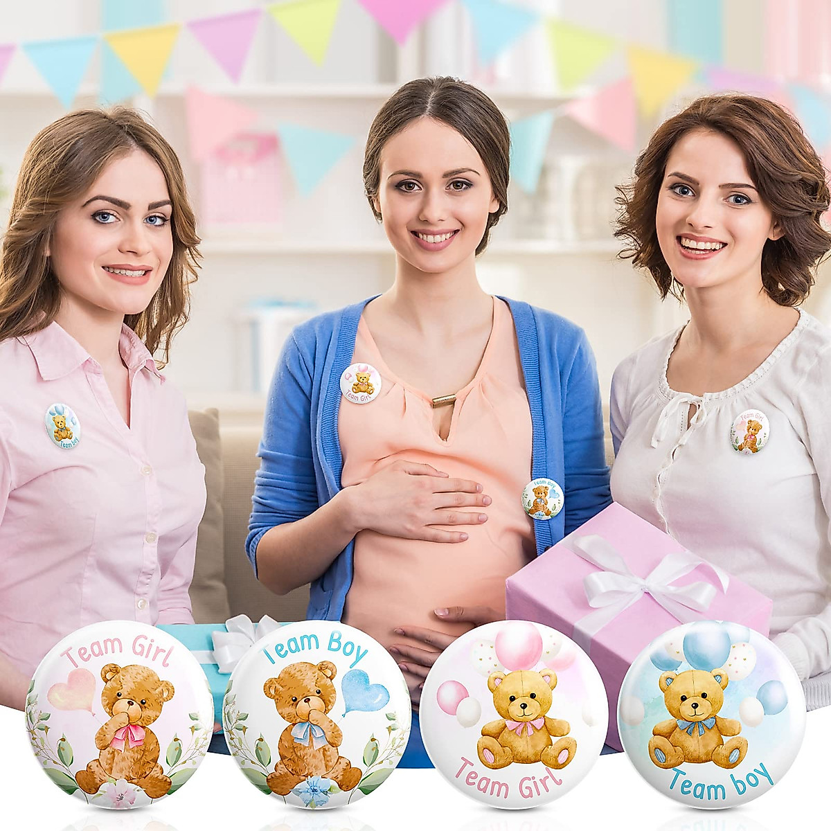 48 Pieces Bear Gender Reveal Buttons Team Boy Girl Button Pins Bear Gender Reveal Favors in Pink and Blue for Baby Shower Gender Reveal Party Game Supplies, 4 Styles, 1.47 Inch