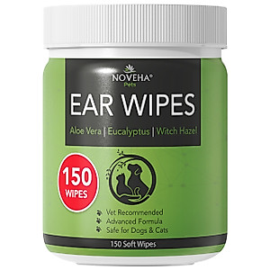 NOVEHA Pet Ear Wipes - Dog Ear Cleaner Wipes, Otic Cleanser for Dogs & Cats - Stop Ear Itching with Aloe Vera, Eucalyptus and Witch Hazel for Odor Control, Dirt and Wax Removal, Unscented (150 Count)