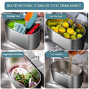 Stainless Steel Sink Drain Strainer Basket, Multifunctional Hanging Sink Strainer Colander Drain Basket for Filter Kitchen Waste and Wash Vegetables Fruits (Silver)