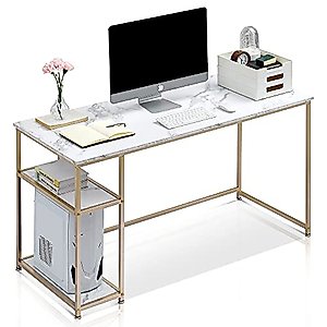 ivinta Computer Desk with Shelves, Office Desk for Living Room,Small Desk with Storage Space, Home Office Desks, Vanity Desk with Gold Legs PC Laptop Table (White, 55")