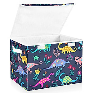 DOMIKING Lovely Dinosaur Toy Storage Trunk with Lid Collapsible Storage Box Organizer with Handles for Shelves Cabinet Nursery Drawer
