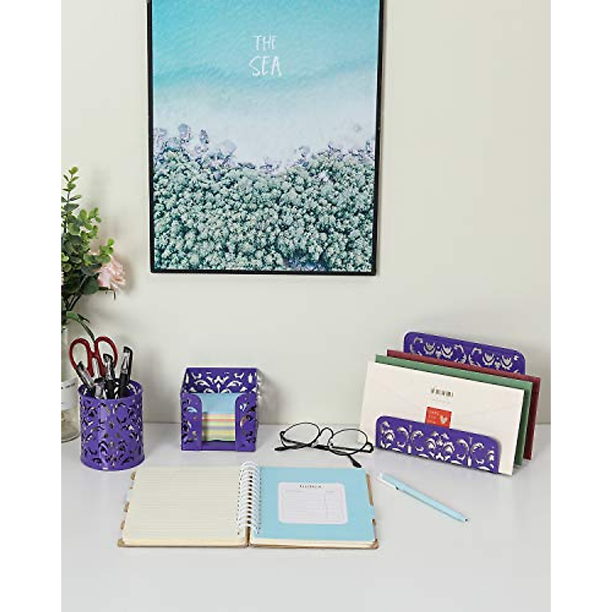 EasyPAG Cute Office Supplies 3 Piece Desk Organizer and Accessories Set - Letter Sorter, Pen Holder,Sticky Notes Holder,Purple