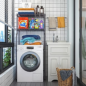 PHULJHADI Washer Storage Frames for Over Toilet,Bathroom Tower Shelf Bathroom Rack,2-Tier Over Washinghine Storage Rack Metal Behind The Toilet Shelving Unit Expandable Laundry Room Washer Dryer/Blac