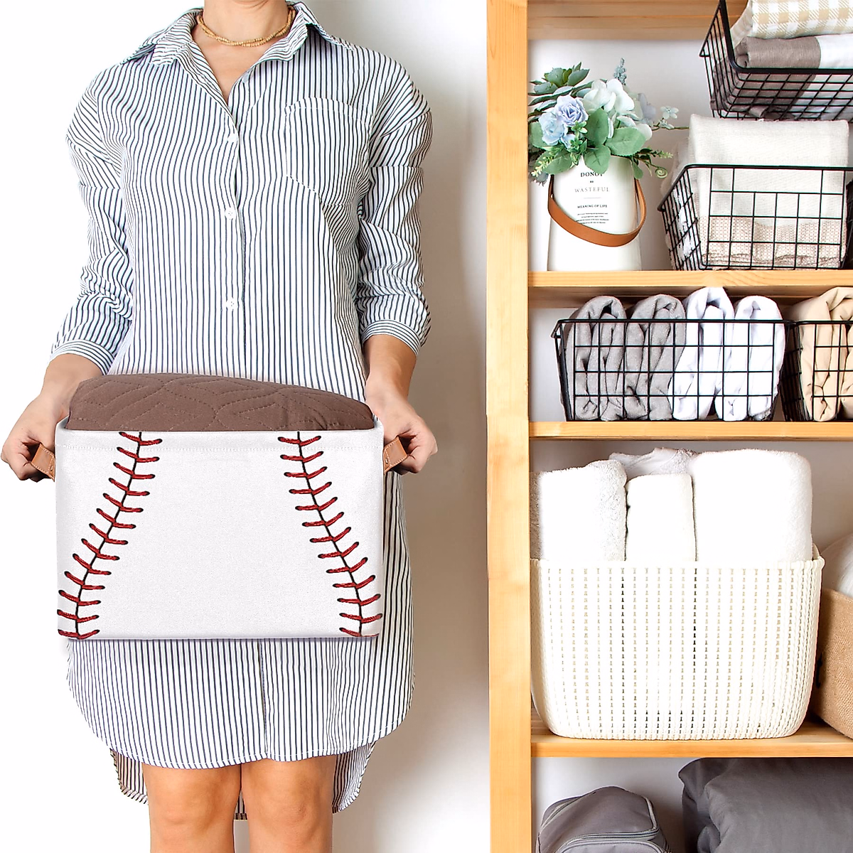 Foldable Storage Baskets, Baseball Cube Organizer Bins with Dual Handles Nursery Closet Shelf Storage Box for Clothing, Books, Cosmetic, Toys, 15"x11"x9.5"