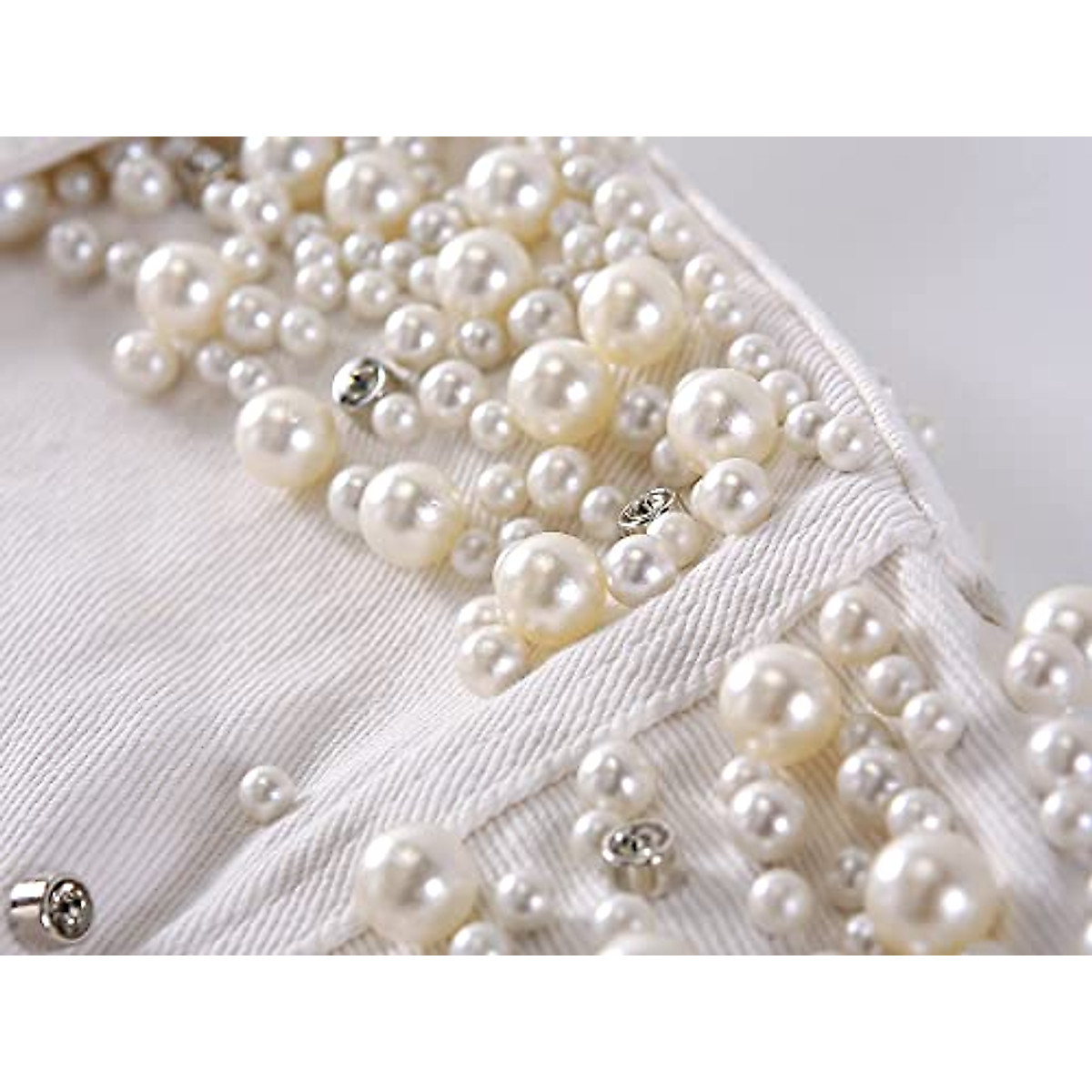 Kedera Women's Embroidered Rivet Pearl Short Denim Jacket Coat (White, Medium)