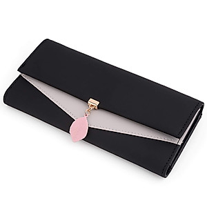 UTO Wallet for Women Leather Vegan Girls Wallet Leaf Pendant Card Holder Phone Checkbook Organizer Zipper Coin Purse