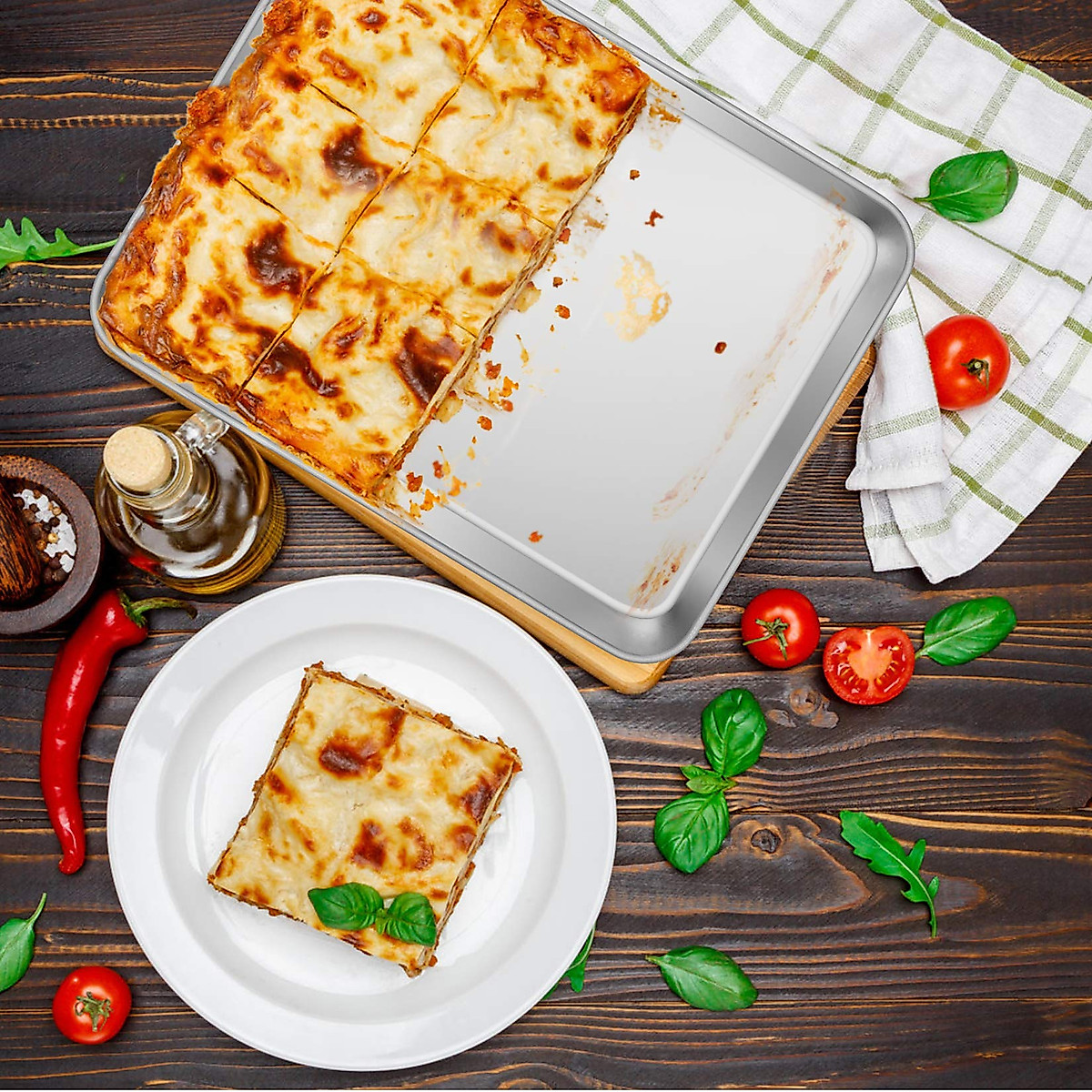 P&P CHEF Deep Baking Pan Set of 3 (12.3” & 10.4” & 9.3 Stainless Steel Baking Sheet Lasagna Rectangle Cake Pan for Oven Dishwasher Use, Non-Toxic & Heavy Duty & Easy Clean