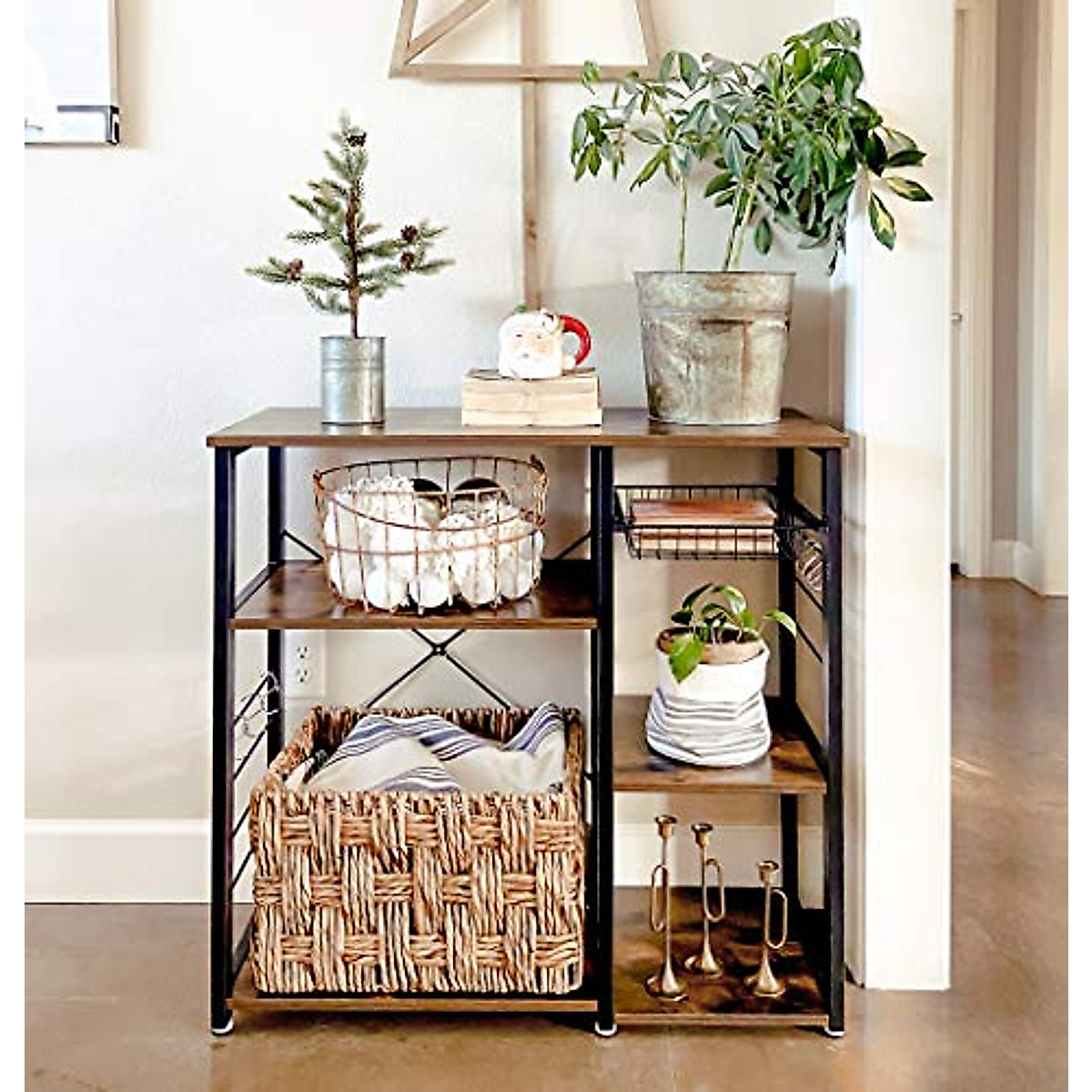 VASAGLE ALINRU Kitchen Baker’s Rack, Coffee Bar, Microwave Oven Stand, with Steel Frame, Wire Basket, 6 Hooks, 35.4", Rustic Brown