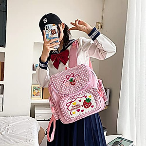Cutemoria Girl's Kawaii Backpack Japanese Sweet Strawberry Embroidery School Backpack Casual Daypack Cute Lace Flap Backpacks, Pink, One Size