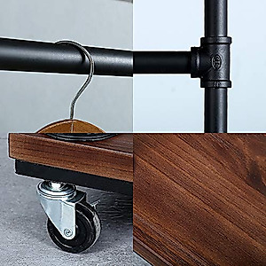 SUJIN Industrial Pipe Clothing Rack Wood Clothing Racks on Wheels, Retail Clothes Rack with Wheels Vintage Garment Rack with Shelves,Rolling Racks for Hanging Clothes Rustic Heavy Duty Clothes Rack