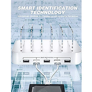 Charging Station for Multiple Devices - 5 in 1 Charging Dock Built-in AC Adapter with 5 USB Fast Ports and 8 Short Cables Charging Stand for iWatch, Airpods, Cell Phones, Smart Phones, Tablets (WHITE)