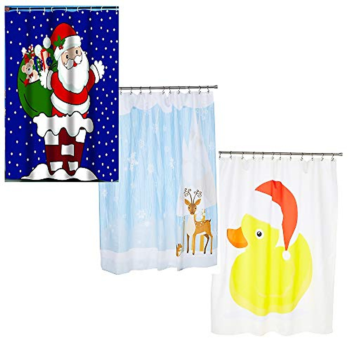 Carnation Christmas Shower Curtain 3 Pack - 1 Each Christmas Santa Up On The Rooftop, Forest Reindeer Friends, Christmas Tubber Ducky - Set 3 Fabric Xmas Shower Curtains