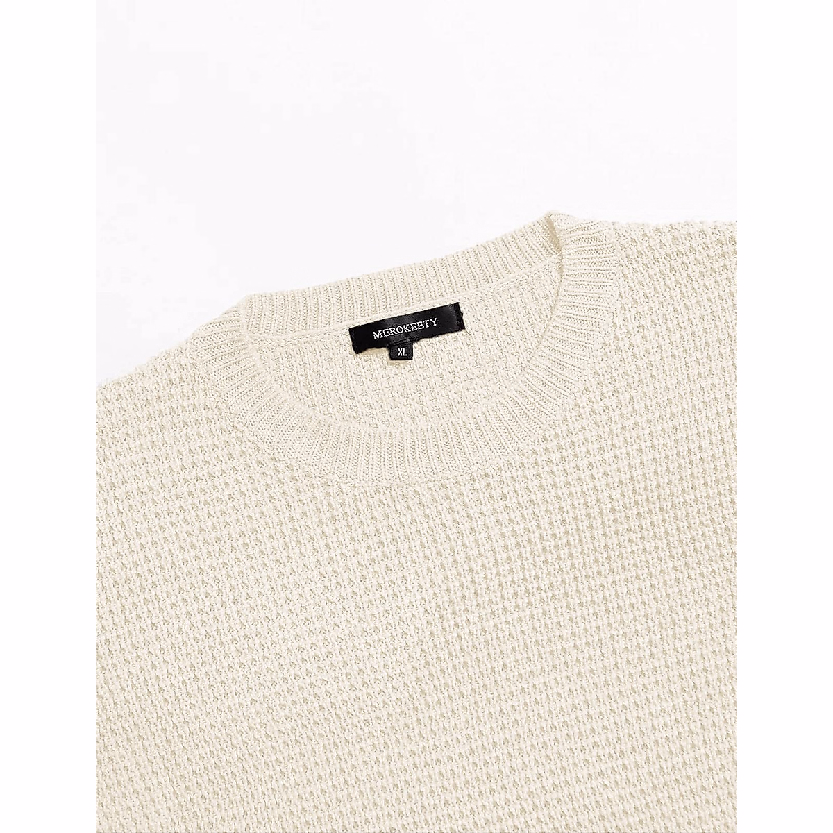 MEROKEETY Women's 2024 Long Sleeve Waffle Knit Sweater Crew Neck Solid Color Pullover Jumper Tops Beige