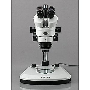 AmScope SM-1TZ-PL-5M Digital Professional Trinocular Stereo Zoom Microscope, WH10x Eyepieces, 3.5X-90X Magnification, 0.7X-4.5X Zoom Objective, Upper and Lower LED Lighting, Large Pillar-Style Table Stand, Includes 0.5X and 2.0X Barlow Lenses and 5MP Came