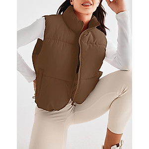 MEROKEETY Cute Sleeveless High Neck Zipper 2025 Fashion Puffy Padded Vest for Teen Girls, Coffee, Medium