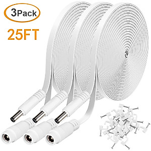 3 Pack DC Power Extension Cable 25ft 2.1mm x 5.5mm Compatible with 12V DC Adapter Cord for CCTV IP Camera, LED, Car, White