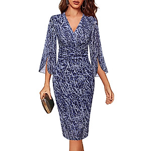 Bodhi talk Women's V Neck Bodycon Knee Length Pencil Dress Double Layers Mesh Cocktail Dresses Ladies Wedding Guest Dresses Zebra Violet XX-Large