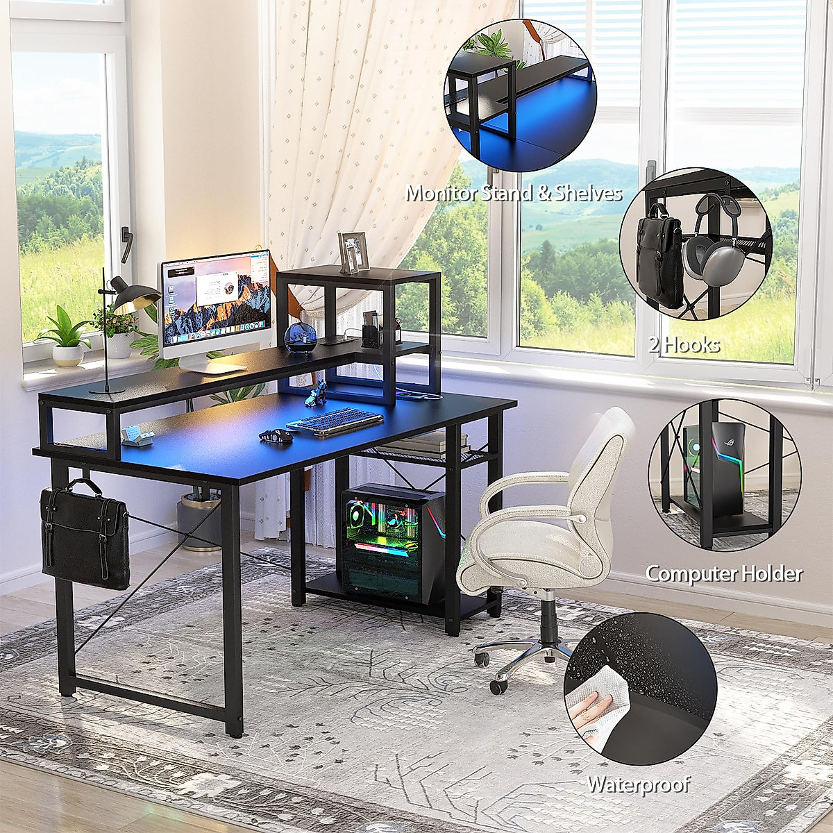 Besiost Gaming Desk with Lights & Power Outlets, 39.4' Computer Desk with Shelves, Small Desk for Small Space, Writing Desk with Monitor Stand, Black