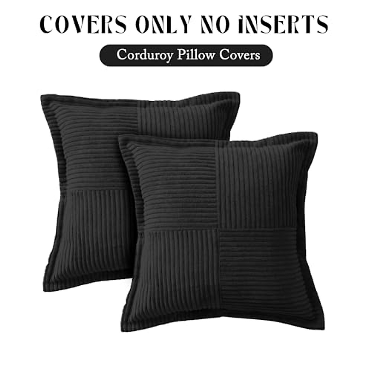 PENUFILO Black Corduroy Pillow Covers 18X18 Set of 2, Fall Soft Solid Striped Throw Pillow Covers for Living Room Couch Bed Sofa Home Decor Patchwork Textured Square Decorative Cushion Case