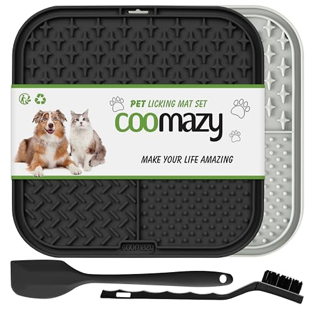 Coomazy Lick Mat for Dog and Cat, Slow Feeder & Non-Slip Design, Boredom and Anxiety Reducer, Suitable for Yogurt, Peanut Butter and Liver Paste, BPA-Free, Non-Toxic, Black, 2-Packs, L