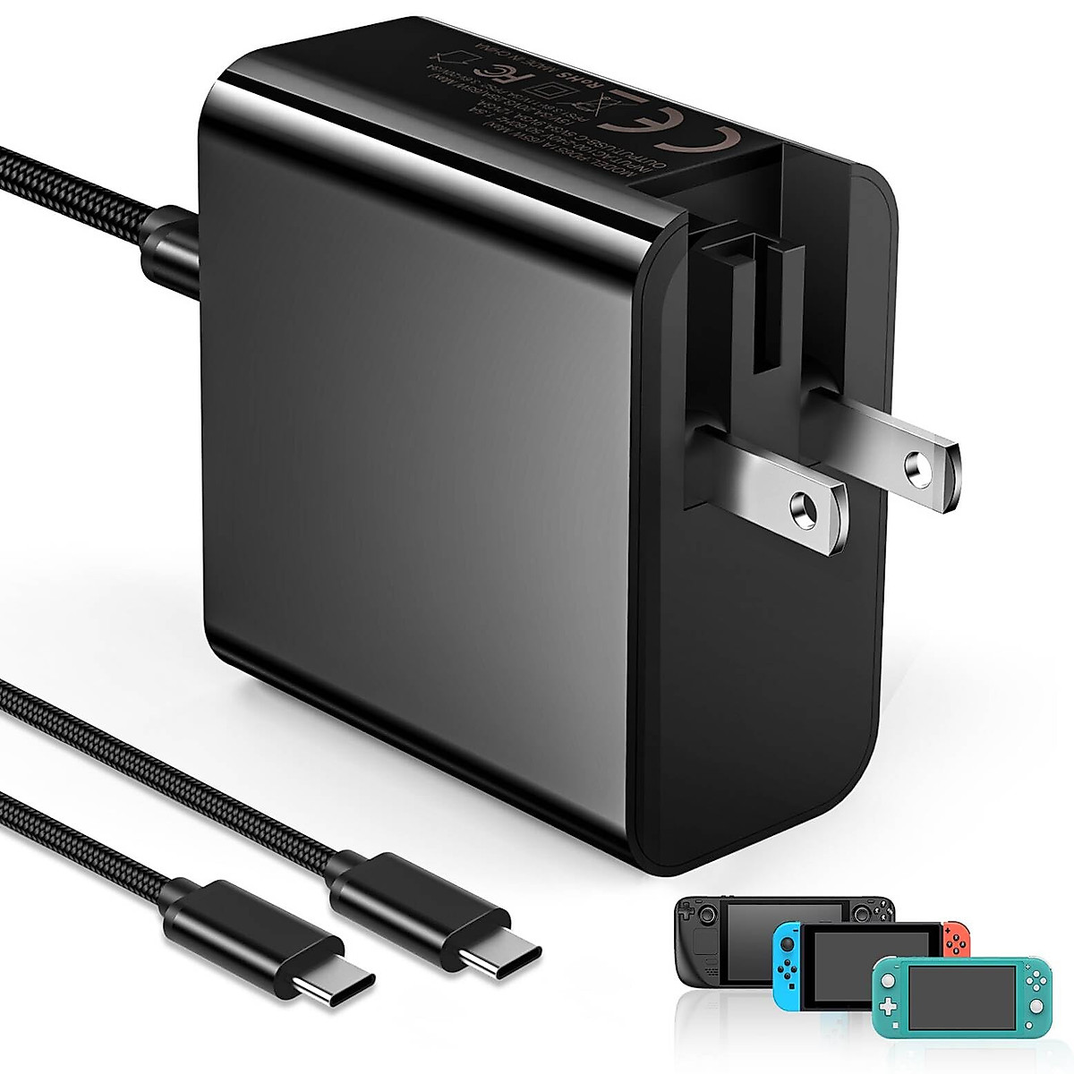 65W Fast Charger for Steam Deck OLED/Nintendo Switch//PlayStation Portal/ROG Ally/Swicth Lite, 65W/45W Charger PD Power Adapter with Foldable Plug for Steam Deck TV Dock(6.6FT USB-C Cable)