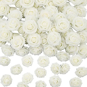 MEOKEY 25pcs Artificial Rose Flowers, Ivory Foam Fake Roses with Stems for DIY Wedding Bouquets White Bridal Shower Centerpieces Arrangements Party Tables Decorations
