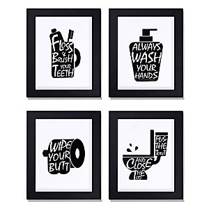 Bathroom Decor Wall Art Prints with Paper Frames;Funny Bathroom Wall Signs Wash Brush Floss Flush Black and White Bathroom Canvas Artwork Poster Carboard Frames 8×10inch set of 4(Black and White) (B)