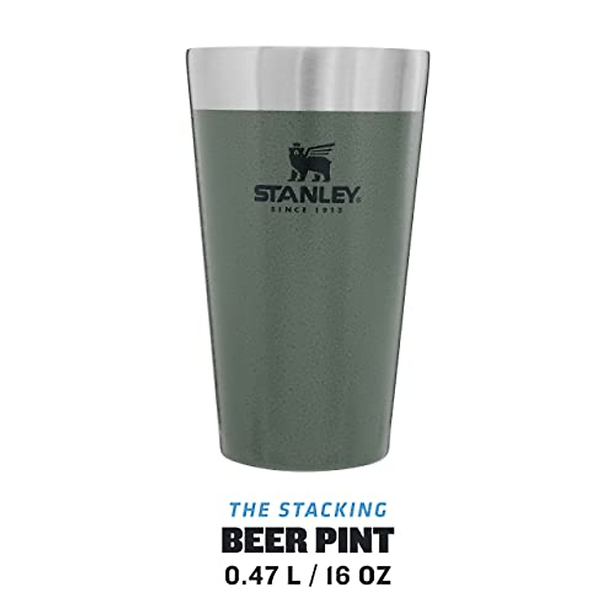 STANLEY Adventure Stacking Beer Pint 0.47L - Travel Mug Keeps Beer Cold For 4 Hours - Stainless Steel Beer Mug - Stacks Infinitely - Double Wall Vacuum Insulation - Dishwasher Safe - Hammertone Green