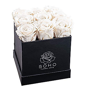 SOHO FLORAL ARTS New Roses Preserved Flowers | Genuine Roses That Lasts for Years | Flowers for Delivery | Large/XL Box (Black Box White Roses 9ct)