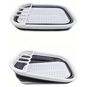 SAMMART 12L (3.17 Gallon) Collapsible Dish Drainer with Tray - Foldable Drying Rack Set - Portable Dinnerware Organizer - Space Saving Kitchen Storage Tray (1, White/Dark Grey)