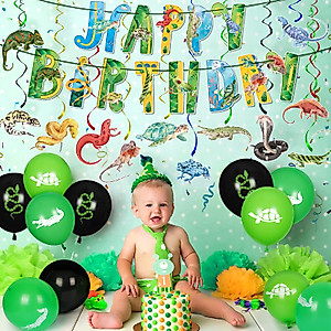 Reptile Birthday Party Supplies Reptile Swamp Happy Birthday Banner and 12 Pcs Reptile Hanging Swirls Safari Animals Lizard Snake Alligator Turtle Camping Wilderness Jungle Birthday Party Decorations