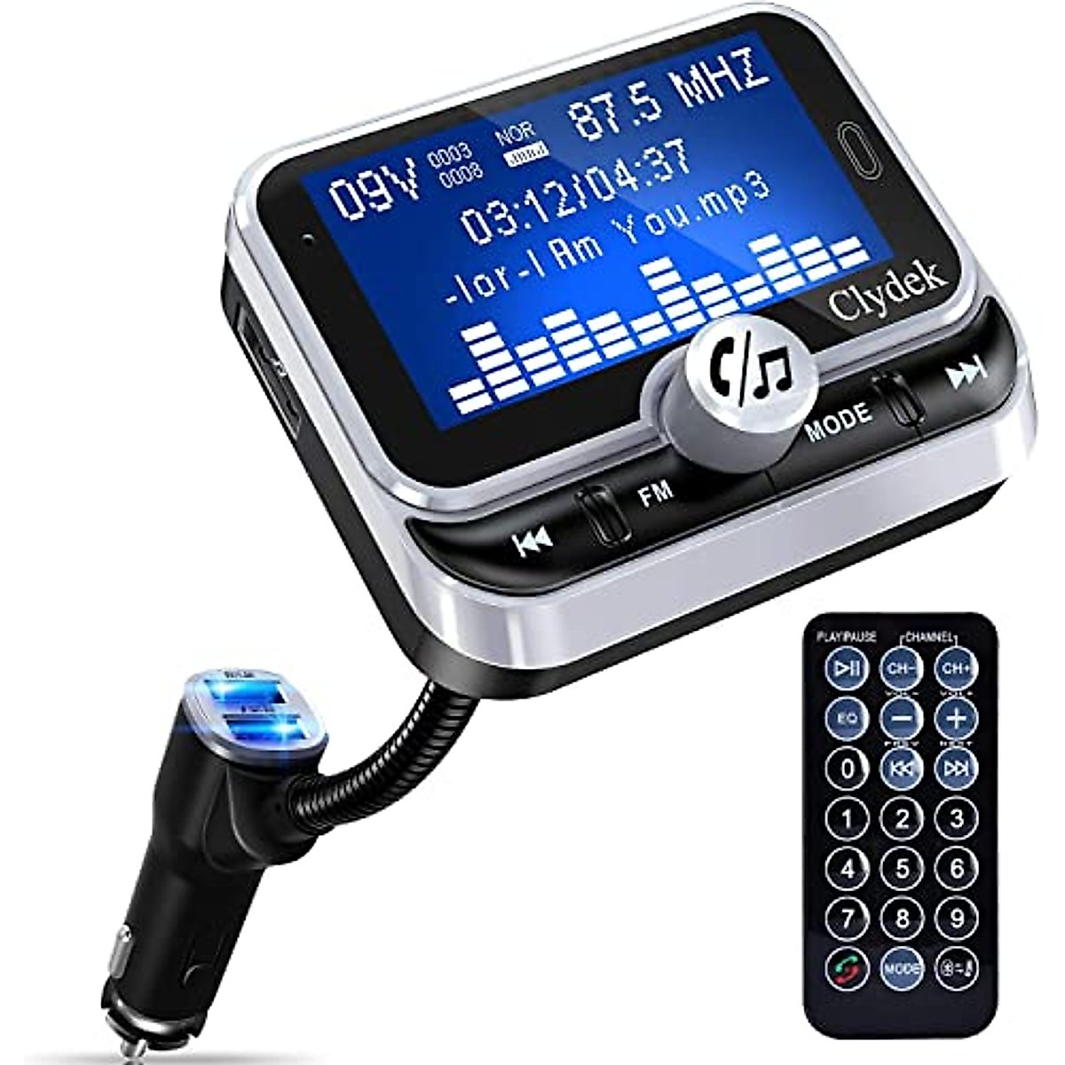 Bluetooth FM Transmitter for Car, Clydek Car Charger Adapter 1.8” Large Display Bluetooth Car Adapter, 4 Music Play Modes,Fast Charger,Hands Free,AUX Input&Output