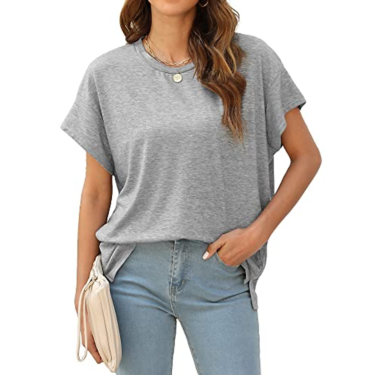 Bosmeer Womens Summer Tops Oversized Short Sleeve Tshirts Dressy Casual Light Grey Large