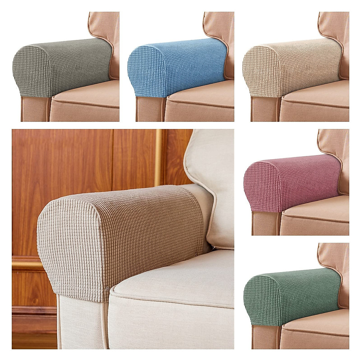 Roadoor 1 Pair Stretch Armrest Protector, Sofa Arm Covers for Chairs High Elastic Polyester Armrest Armchair Slipcover for Recliner Sofa Light Coffee