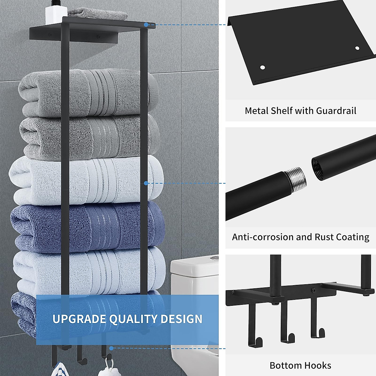 HOTNIU Towel Racks for Small Bathroom Wall Mounted, Vertical Towel Storage with Metal Shelf and 3 Hooks, Bath Towel Rack for Rolled Towels, Black Towel Holder for Large Bath Sheets Towels