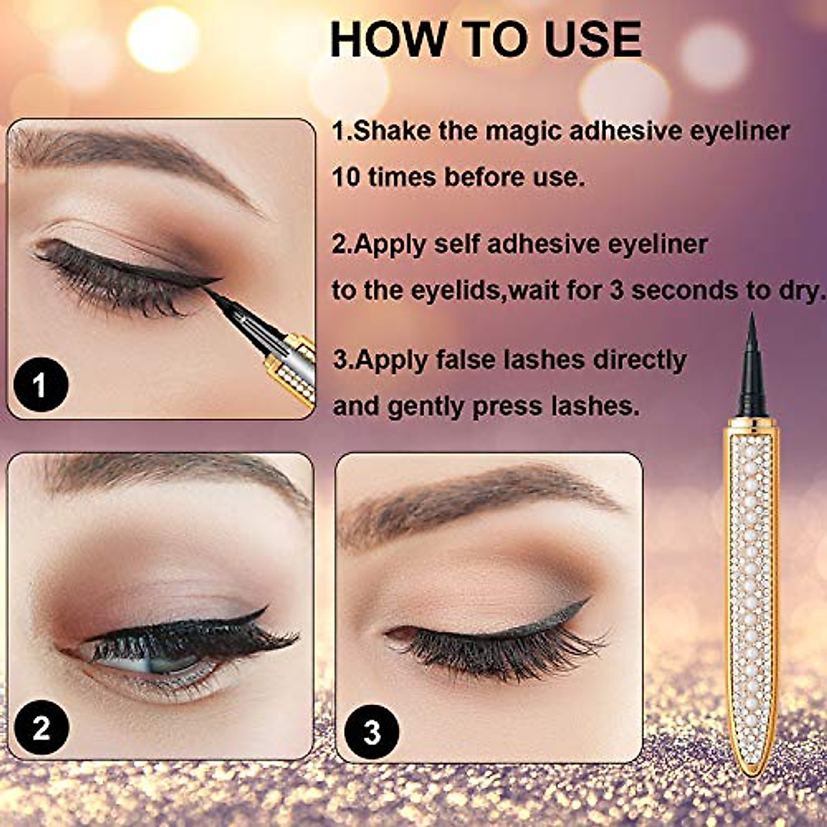 2020 Upgraded Self-adhesive Eyeliner,2 in 1 Eye Liner Pen Diamond Bling Glitter Liquid Eyeliner No Glue, Non Magnetic, Eye Liner for Eye Makeup and Wear Normal False Eyelashes (Queen Pearl White)