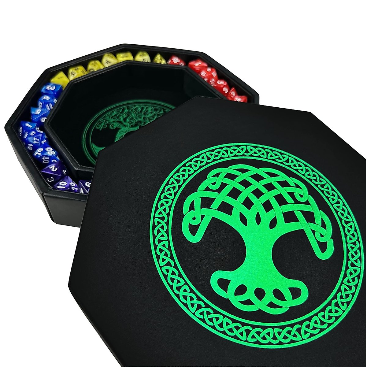 Luck Lab 8 Inch Dice Tray – Green - with Lid and Dice Staging Area for RPG Table Top Gaming- Tree of Life Design