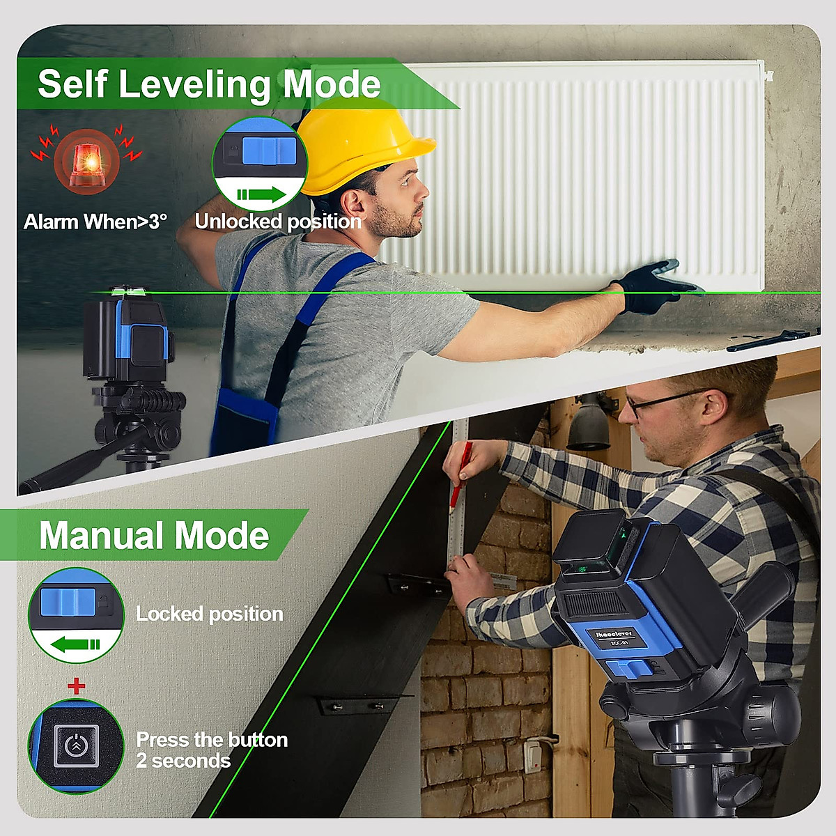 Laser Level 360 Self Leveling, Jkaoclever 150ft Green Cross Line Laser Level, 8 Lines 2 x 360 Lazer Tool for Picture Hanging/Construction/Alignment, 2 Rechargeable Battery&Wall Bracket