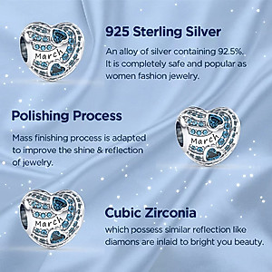 EHEG March Birthstone Charms Love Heart Openwork Bead Charm for Bracelets and Necklaces 925 Sterling Silver with 5A Cubic Zirconia,Jewelry Christmas Gifts Women 003