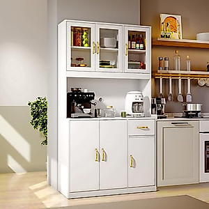 VOWNER 71'' Freestanding Pantry Cabinet with Buffet Cupboard, Kitchen Pantry Storage Cabinet with 6 Doors and Drawer, Utility Pantry for Kitchen, Dining Room,White