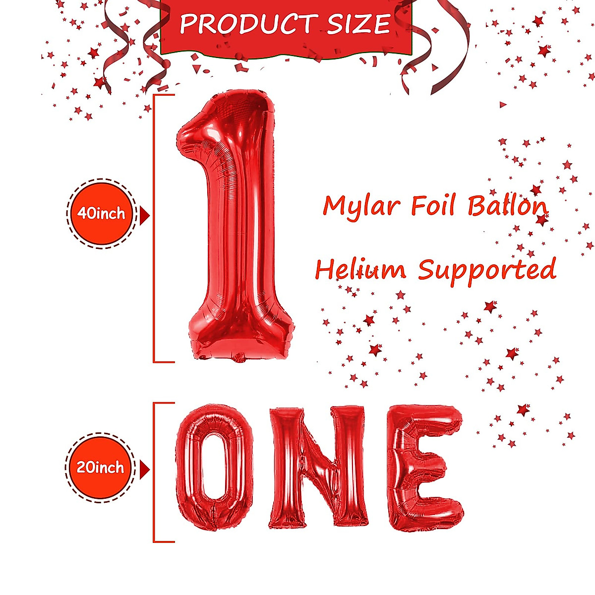 Large - Red One Balloon for First Birthday, 40 Inch Number 1 Balloon, Red 1st Birthday Balloons, Confetti Balloons, Red 1 Balloon 1st Birthday Decorations for Boys, 1 Year Old Balloon