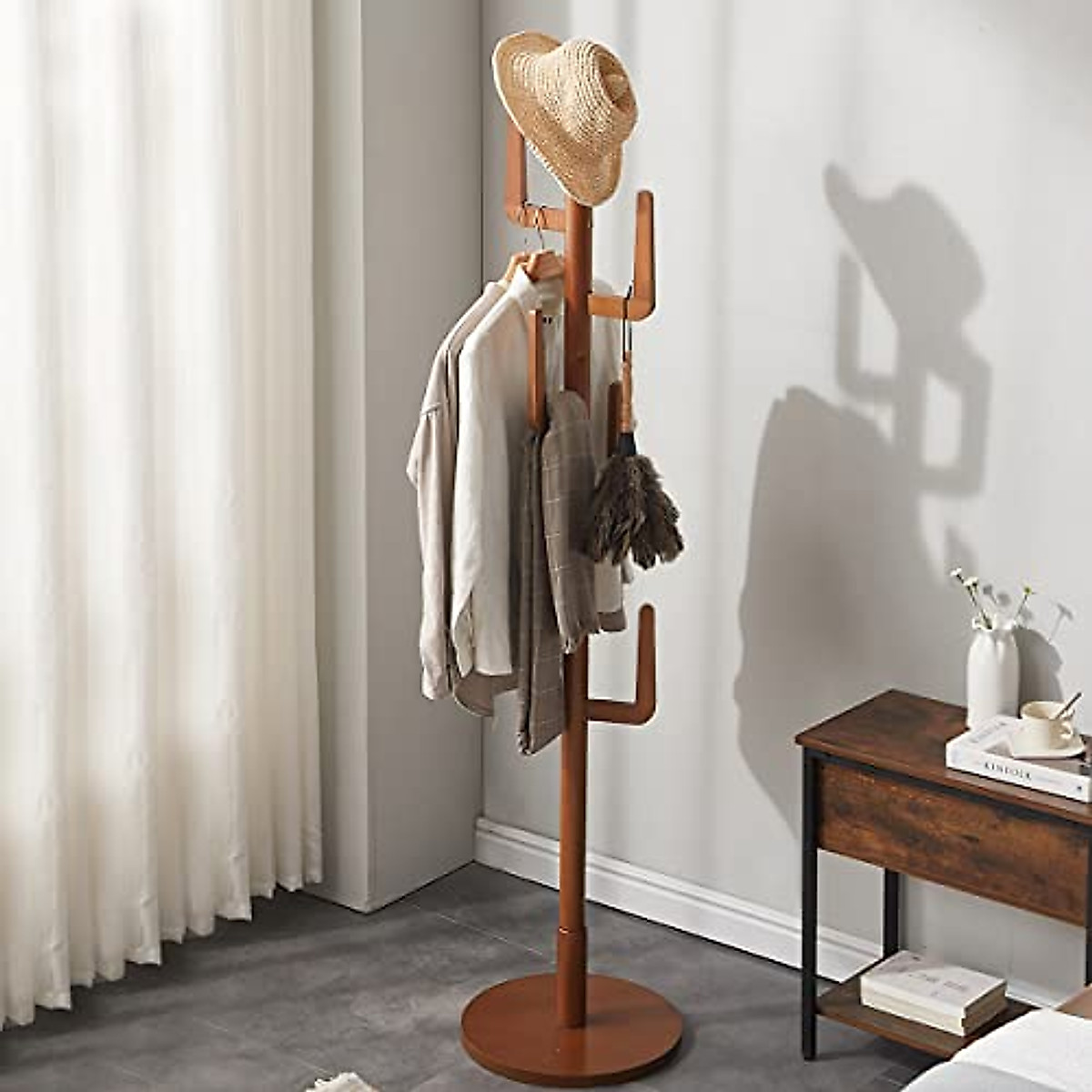 TinyTimes Wooden Coat Rack Free Standing, Cactus Shape, Sturdy Rustic Hall Tree Coat Tree Coat Hanger with 6 Hooks, for Coat, Hat, Clothes, Scarves, Handbags, Umbrella - Dark Brown