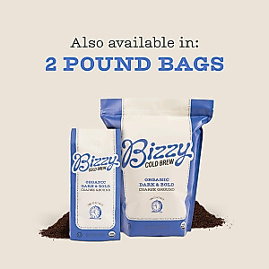 Bizzy Organic Cold Brew Coffee | Dark & Bold Blend | Coarse Ground Coffee | Dark Roast | Micro Sifted | Specialty Grade | 100% Arabica | 1 LB
