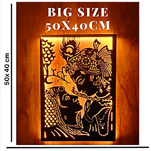 EU Radha Krishna Metal Wall Art Hanging With Backlight Led For Pooja Room Home Deco Lights For Mandir Krishna Swing Jhula Antique Metal Flute Wall Decor For Living Room Big Size