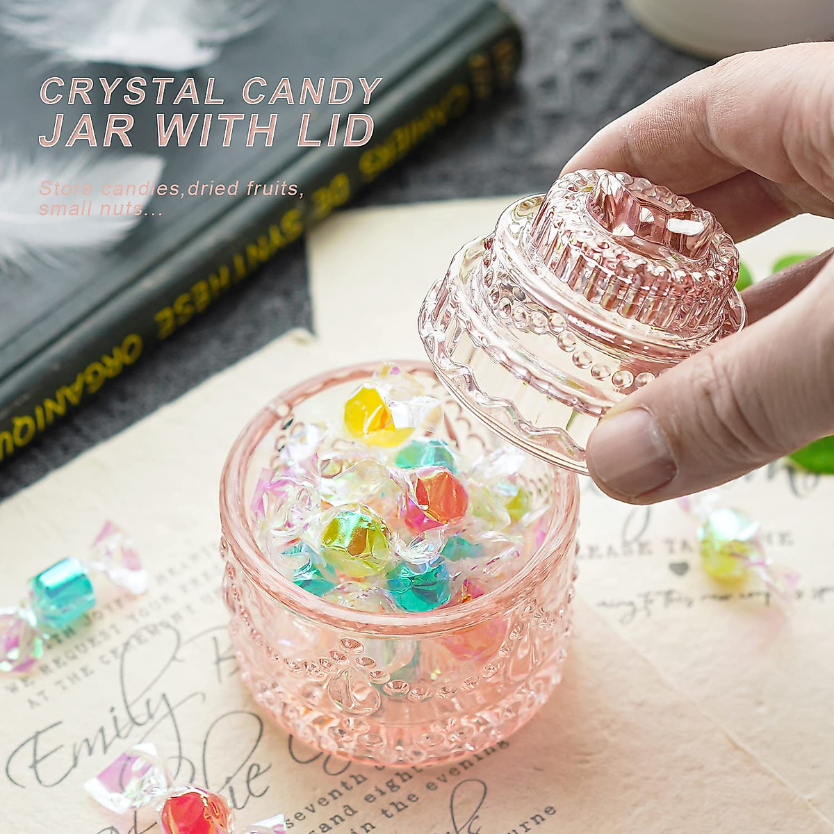 Glass Candy Dishes Decorative,Pink Cake Shaped Crystal Candy Jar with Lids,Candy Bowl with Lid, Candy Storage Food Container Jar,Candy Cookie Dish for Office Desk Wedding(2.3 Inch)