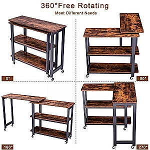 WAYTRIM 360° Free Rotating Sofa Side Table, Mobile End Table with 2 Tier Storage Shelves, Couch Side Table Sturdy Metal Frame with 6 Universal Casters, Laptop Table for Home Office - Rustic Brown
