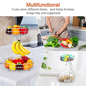 JUWA Auledio 2-Tier Countertop Fruit Vegetables Basket Bowl Storage With Banana Hanger,Silver