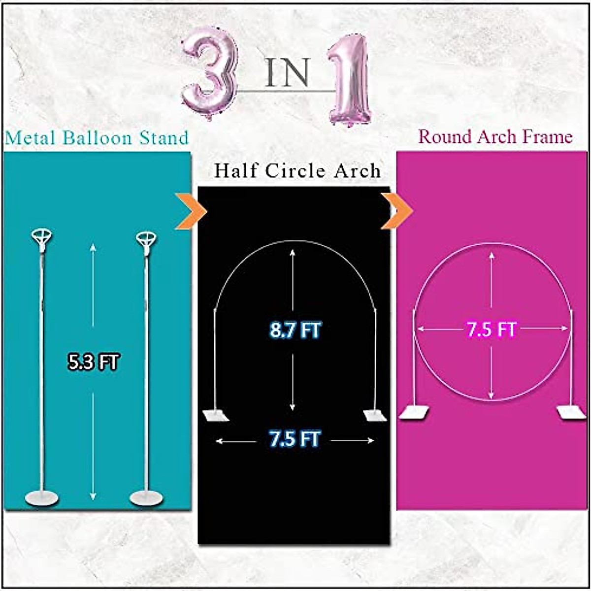Decojoy Balloon Arch Stand, 7.5ft Large Round Backdrop Frame, Adjustable Half Circle Arch, 2 set Reusable Metal Ballon Column Kit with Base 3IN1 for Birthday, Wedding, Graduation, Baby Shower Party