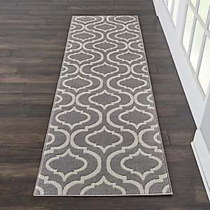 Nourison Jubilant Trellis Grey 2'3" x 7'3" Area -Rug, Easy -Cleaning, Non Shedding, Bed Room, Living Room, Dining Room, Kitchen (2x7)